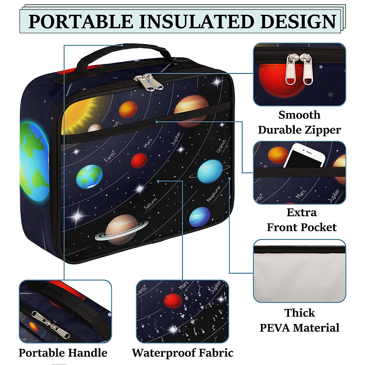 Solar System Planet Print Insulated Lunch Box for Boys Girls Adult, Reusable Back to School Lunch Bag, Leakproof Meal Prep Tote Kit Cooler Bag Lunch Tote Bag for Work Beach Outdoor