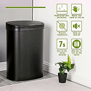 HHS Stainless Steel Kitchen Trash Can Bathroom Bedroom Office Waste Bin with Lid Automatic Sensor Touch Free Garbage Can 13 Gallon 50L, (Black), 11.37 x 16.1 x 25.31 inches (1350R)