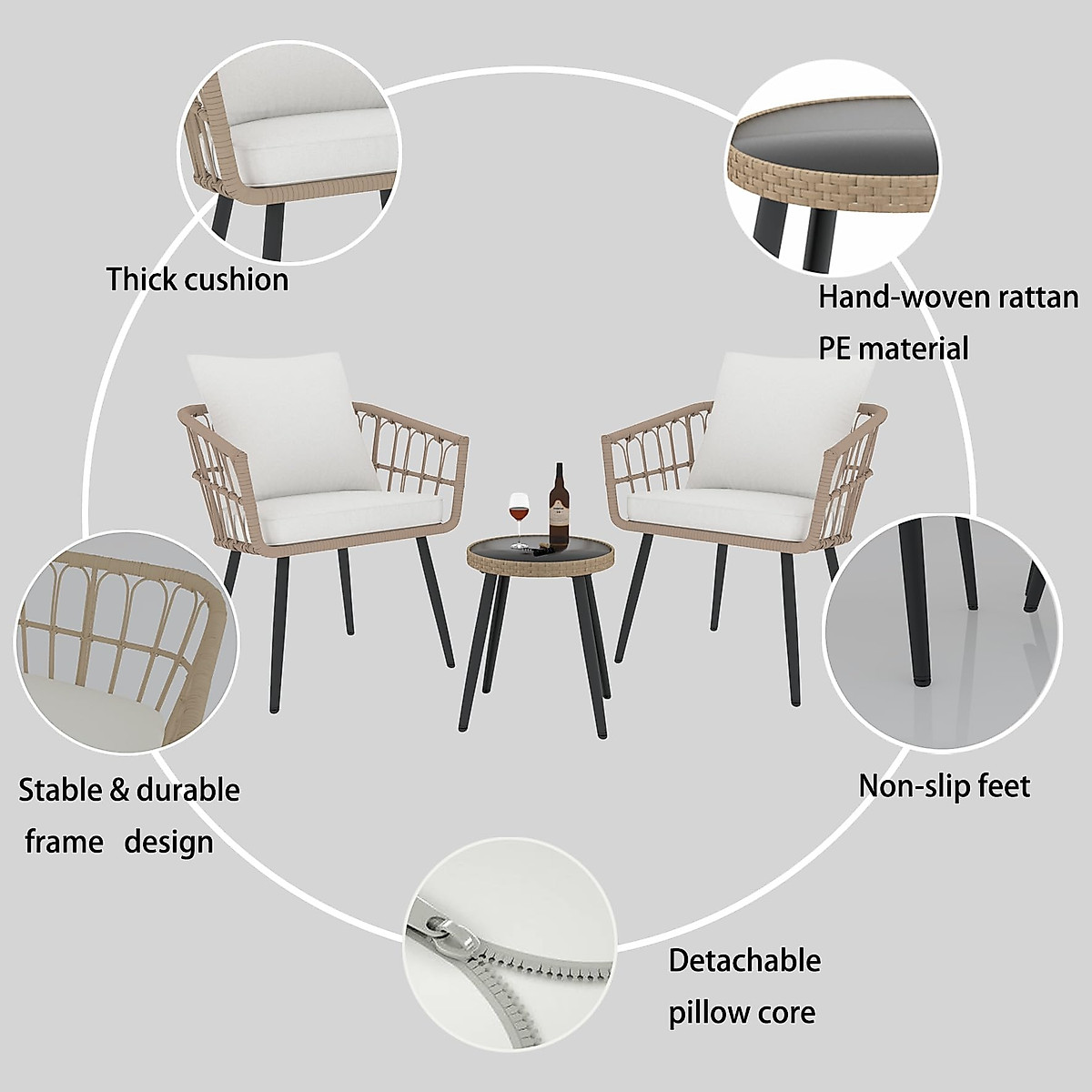 3 Pieces Patio Bistro Set All-Weather Wicker Ratan Conversation Set Outdoor Furniture Chairs w Glass Top Coffee Table and 2 Thick Cushions for Porch Backyard Lawn Poolside (White Cushion)