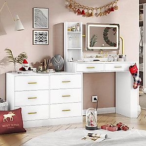 Hasuit Large Vanity Desk with Mirror and Lights,68.9'' Long Makeup Dressing Vanity Table with Charging Station, 8 Drawers, Vanity Mirror 3 Lighting Modes Adjustable, White