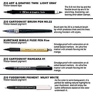 Kuretake Zig Inktober Special Set, Illustration Basic Set 2, 4 Black Markers and 1 White Brush Pen, for Manga Drawing, Lettering and Calligraphy, Professional Artist Quality, Made in Japan