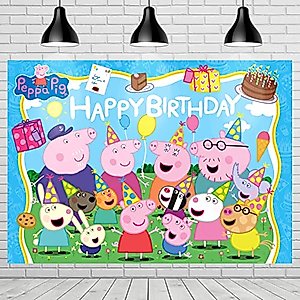 Treasures Gifted Peppa Pig Birthday Party Supplies - Peppa Pig Backdrop - 4.25ft Tall x 6ft Wide Happy Birthday Backdrop - Large Peppa Pig Birthday Banner - Peppa Pig Party Decorations for Wall