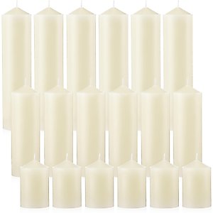 MTLEE 18 Pcs Set of 3 Pillar Candles Ivory Pillar Candle Bulk 2 in x 3, 6, 8 Long Burning Candles Clean Unscented Smokeless Pillar Candles for Wedding Emergency Lanterns Vigil Ceremony Party(White)
