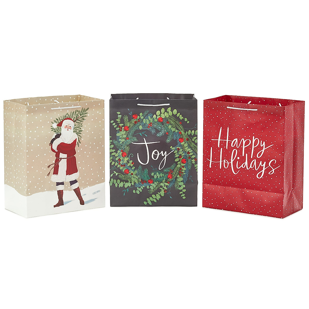 Hallmark 13" Large Christmas Gift Bag Bundle (3 Bags: "Joy" Wreath on Gray, Rustic Santa with Tree, "Happy Holidays" on Red) for Friends, Family, Teachers, Coworkers