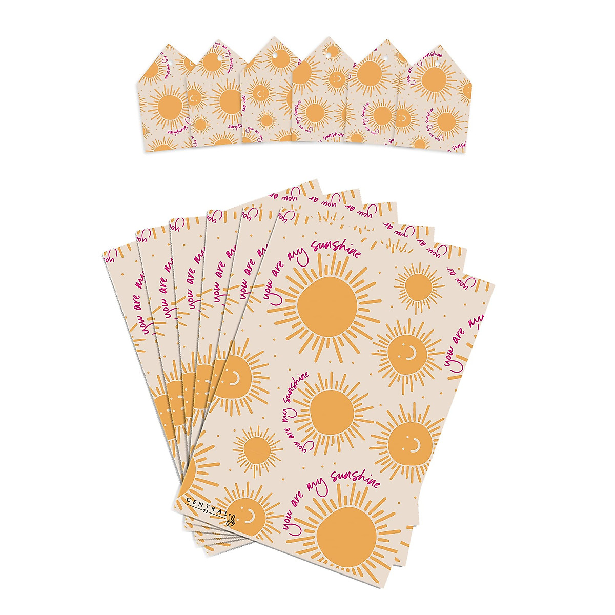 Yellow Wrapping Paper - 'You Are My Sunshine' - 6 Sheets Of Gift Wrap - Summer Sun Gold - For Christmas Holiday Birthday Anniversary - Comes With Fun Stickers - By Central 23