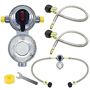 2-Stage Automatic Changeover LP Propane Gas Regulator with Two 18" RV Pigtail Propane Hoses with Gauge, Stainless Braided QCC1 1/4" Inverted Male Flare, Propane LP Gas Regulator for RV Camper Trailer