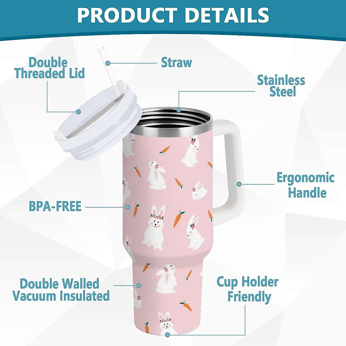 MCHIVER Easter Bunnies 40 oz Tumbler with Handle and Straw Stainless Steel Vacuum Water Bottle Leak-proof Travel Coffee Mug Thermos Water Bottle for Iced Tea Coffee