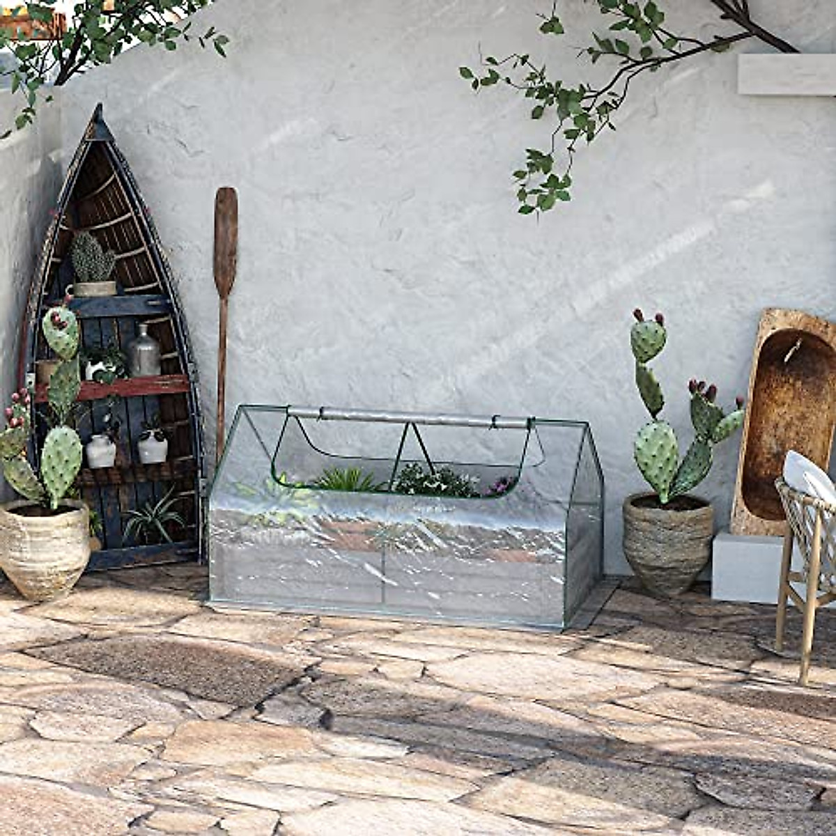 Outsunny Galvanized Raised Garden Bed with Mini Greenhouse Cover, Outdoor Metal Planter Box with 2 Roll-Up Windows for Growing Flowers, Fruits, Vegetables, and Herbs, 73" x 38" x 36", Clear