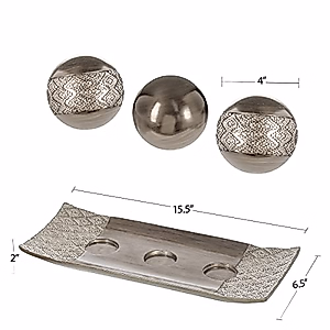 Creative Scents Dublin Decorative Tray and Orbs Balls Set - Centerpiece Bowl with Balls for Dining Room Table, Rustic Decorated Spheres Kit for Living Room Coffee Table, Gift Boxed (Brushed Silver)