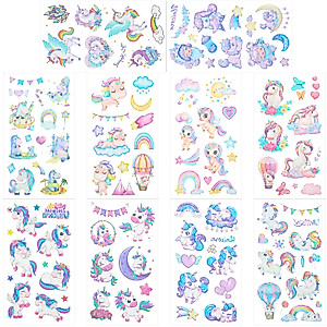 Glitter Temporary Tattoos for Kids, Konsait Waterproof Glitter Tattoo Stickers Kit Rainbow Princess Theme Party Birthday Party Supplies 10 sheets