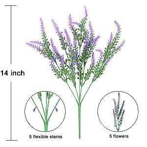 10 Bundles Artificial Lavender Flowers Outdoor Fake UV Resistant Shrubs Faux Plastic Plants for Indoor Outdoors Home Office Garden Porch Window Box Hanging Wedding Decorations