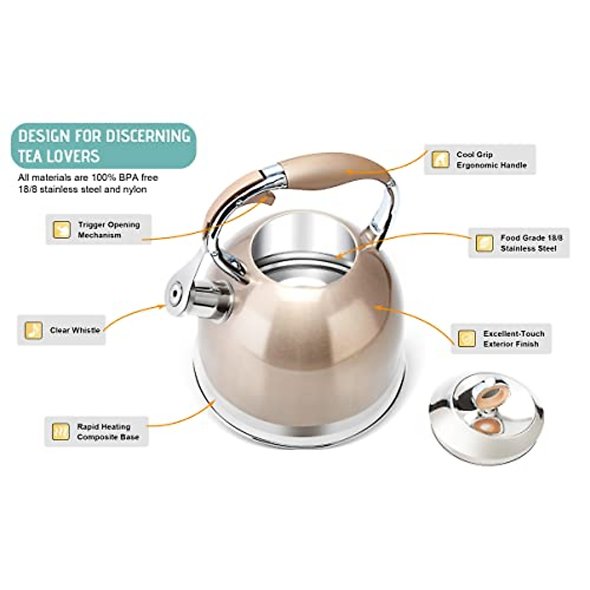 Tea Kettle - HIHUOS 3.17QT Whistling Tea Pots for Stove Top - Sleek Stainless Steel Stovetop Kettle, Easy-grip Handle With Trigger Opening Mechanism, 1 Free Silicone Pinch Mitt Included (Champagne)