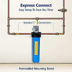Express Water Whole House Water Filter, 1 Stage Home Water Filtration System, Sediment Filter, Includes Pressure Gauges, Easy Release, and 1 Inch Connections.