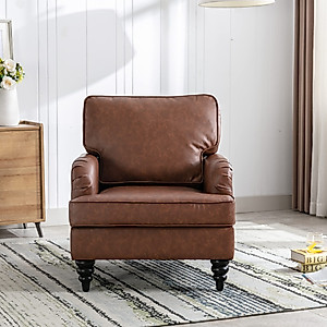 chairus Mid-Century Modern Accent Chair Living Room Chair Faux Leather Arm chair Comfy Upholstered Single Sofa Chair for Lounge/Bedroom/Office, Brown