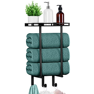 Towel Racks for Bathroom, Homikit Wall Mounted Towel Rack with Metal Shelf and 3 Hooks, 15 Inch Rolled Towel Holder Bath Storage Organizer, Vertical Rack for Small Space Bathroom Wall Decor, Black