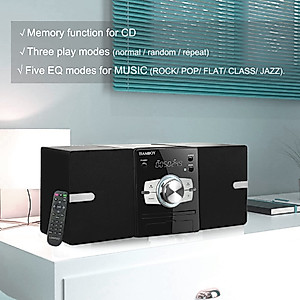 Micro CD Stereo Shelf System, 30W RMS Hi-Fi System with CD Player, Bluetooth, USB Playback, FM Radio, AUX-Input, 2-Way Music Crisp-Sound, DSP-Tech
