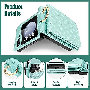 KSRIDOTE for Samsung Galaxy Z Flip 5 Case,Galaxy Z Flip 5 Phone Case Wallet with Card Holder & Ring Crossbody Wallet Case Luxury Gift for Women, Mint Green