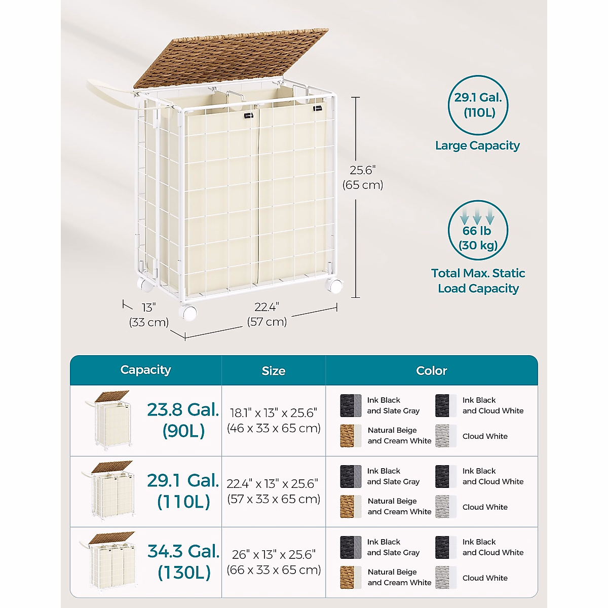 SONGMICS Laundry Hamper, 110L Laundry Basket with Lid, Clothes Hamper with Wheels, Collapsible Removable Liner Bag, Iron-Made Laundry Sorter, Natural Beige and Cream White ULCB211N01
