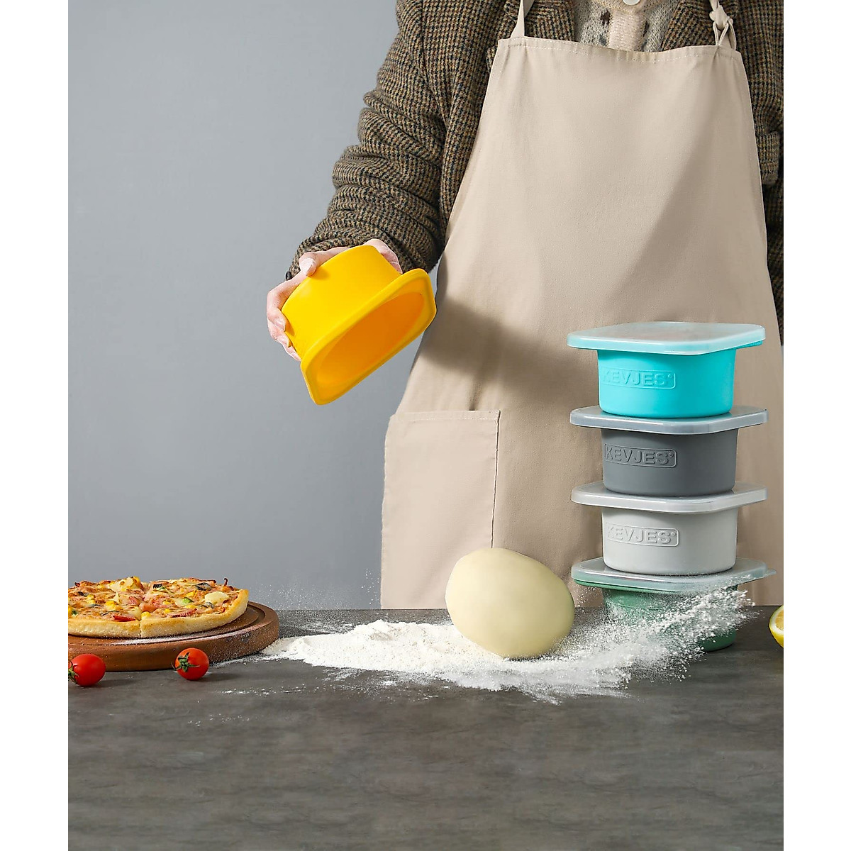 KEVJES Stackable Silicone Artisan Pizza Dough Proofing Containers with Lids pizza making accessories (1 Yellow+1 Green+1Blue+1 Gray+1 Space Gray)