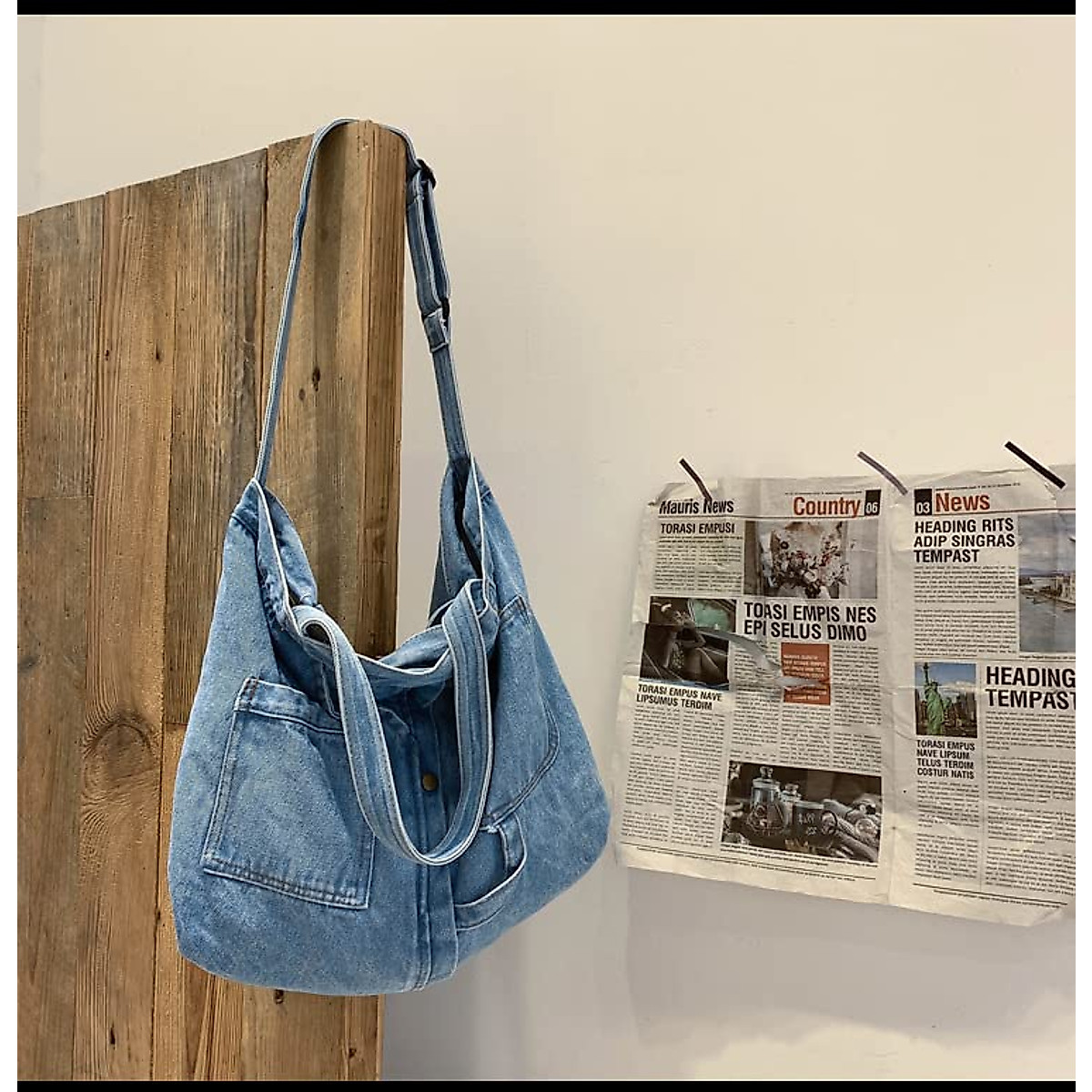 Denim Shoulder Bag Casual Style Lightweight Retro Travel Shopper tote bag for Teen Girls Women (Light Blue)