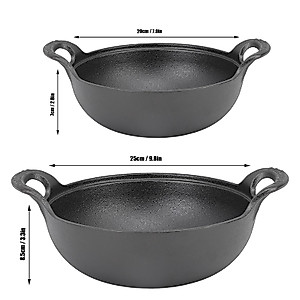 Cast Iron Wok with 2 Handle and Wooden Lid, Seasoned Cast Iron Wok Chinese Wok, Deep Frying Pan with Flat Base Uncoated for Stir Fry Grill Steam Authentic Asian Chinese Food (20cm)
