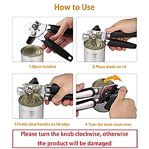 KzGrit Manual Can Opener, Food-Safe Stainless Steel, Smooth Edge, Tin Lids Jar Bottle Caps Openers with Non-Slip Handle and Ergonomic Turning Knob for Elderly with Arthritis(Black)