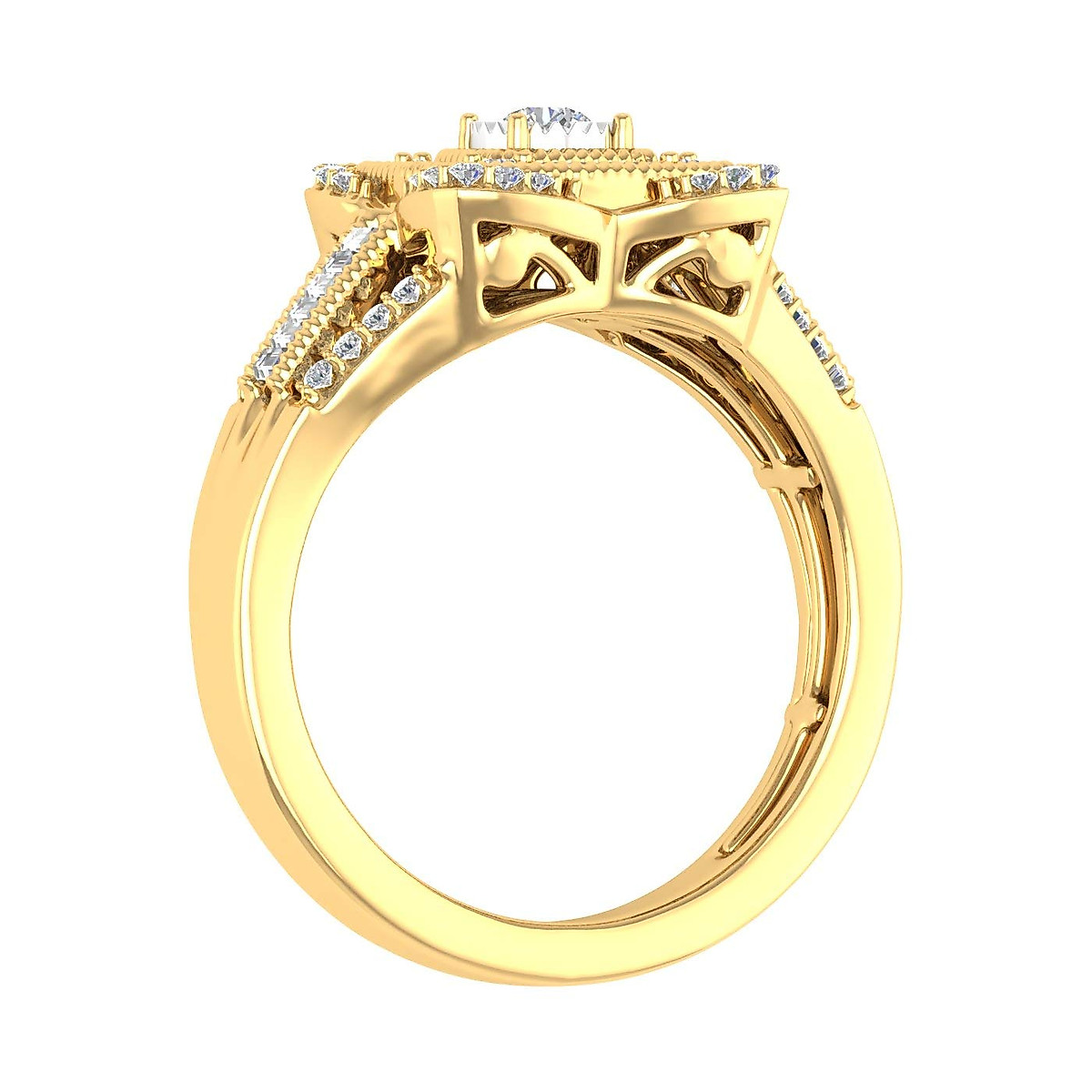 FINEROCK 1/2 Carat Round & Baguette Shape Diamond Cushion Shaped Halo Ring in 10K Yellow Gold (Ring Size 5)