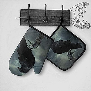 Raven Oven Mitt and Pot Holder Kitchen Set of 2: Heat Resistant Oven Mittens and Hot Pads Potholders for Kitchen