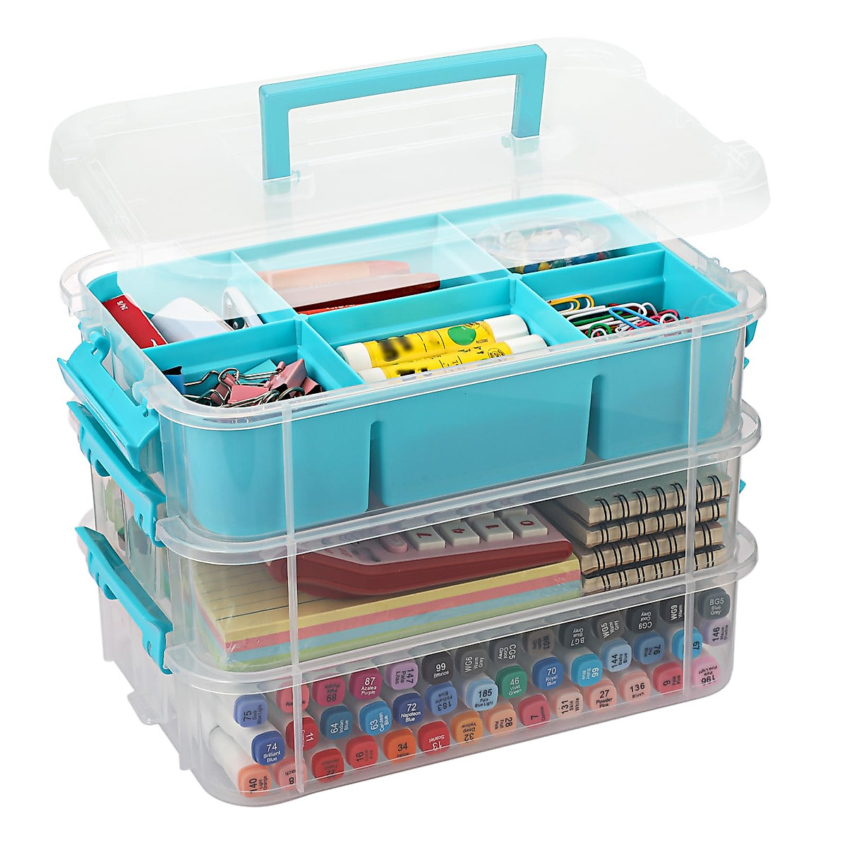 BTSKY 3 Layer Stack & Carry Box, Plastic Multipurpose Portable Storage Container Box Handled Organizer Storage Box with Removable Tray for Organizing Sewing, Art Craft, Supplies Blue