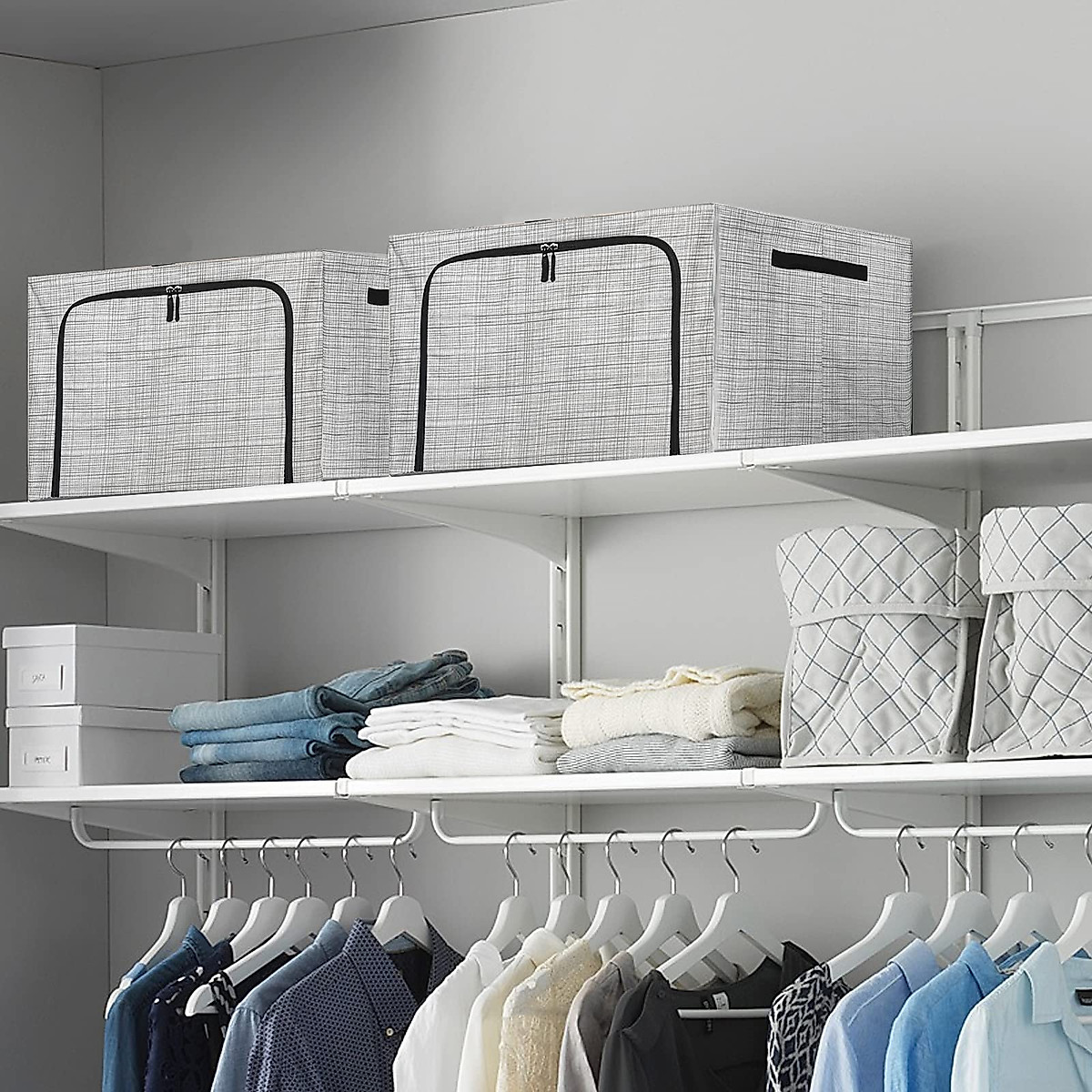 HOPABTO Blankets Storage Boxes Bins,72L 2pcs,Large Clothes Organizers,Double Opening With 4 Steel Frame,Foldable Oxford Containers for Comforters,Closet,Bedding(Gray)