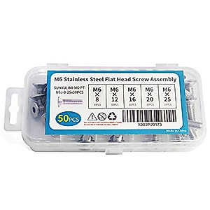 M6 x 8mm 12mm 16mm 20mm 25mm Flat Head Hex Socket Cap Screws Countersunk Bolts, 304 Stainless Steel, Fully Threaded, Bright Finish, Metric Allen Hex Drive, Assortment Kit 50PCS