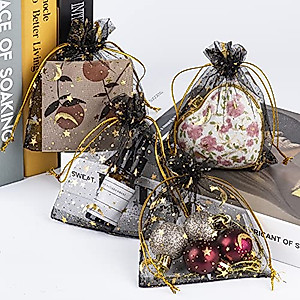 100 PCS 4.0x4.7 Inches Moon Star Printed Orchid Organza Bags Candy Gift Bags Stars and Moon Black Bag,Makeup Organza Favor Bags,Net gift Bags,Drawstring goody bags for Party, Jewelry, Festival