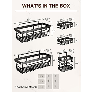 Cobbe Adhesive Shower Caddy 5-Pack, Large Wall Mounted Shower Shelves Rack, Organizer Storage Accessories with Soap Dish&Toothbrush Holder, Shelves for Bathroom Storage & Home Kitchen Decor, Black