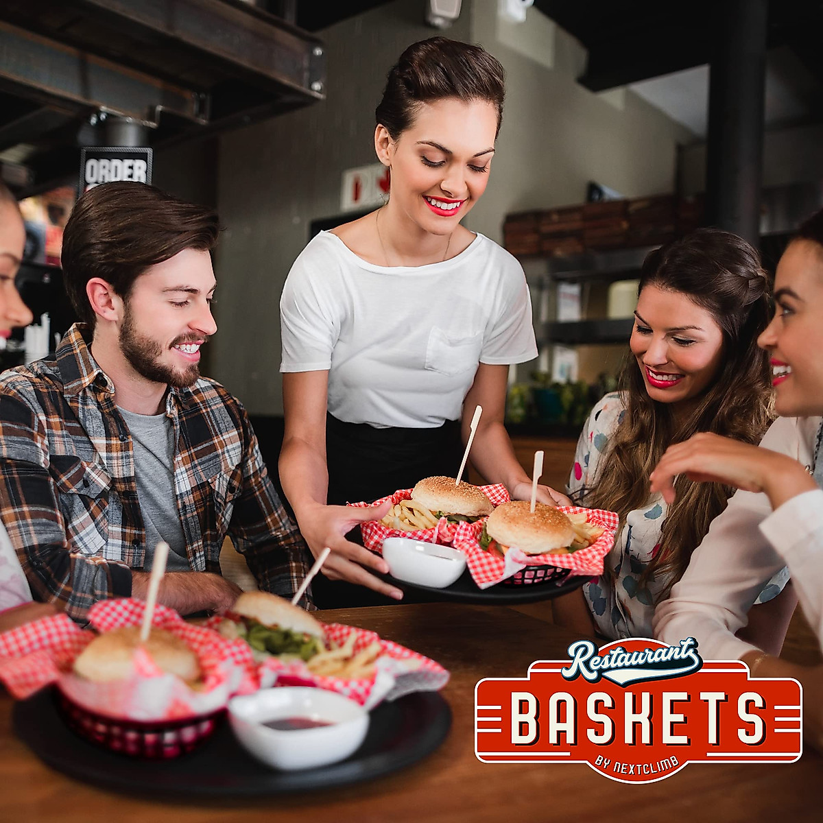 Plastic Fast Food Baskets - HUGE 12" x 9" Food Baskets For Serving - Reusable Foodservice Restaurant Diner Burger Fish Chip Sandwich Plates Tray Platter (12 Pack, Black)