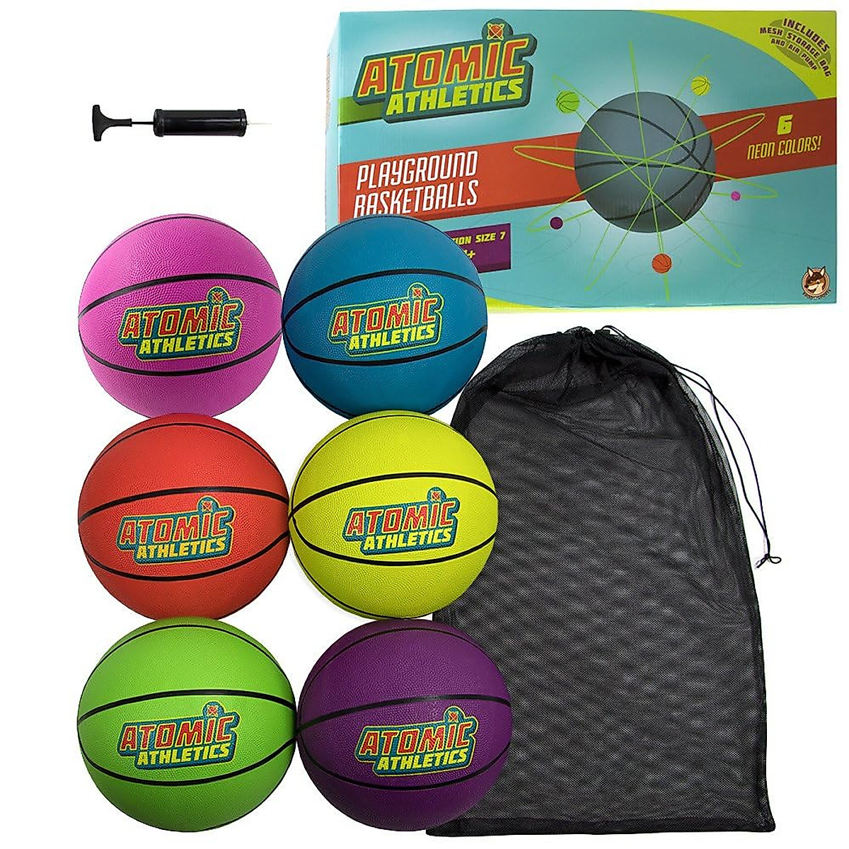 K-Roo Sports Atomic Athletics Neon Rubber Playground Balls - 6 Pack of Youth Size, includes Pump & Storage Bag - Basketball