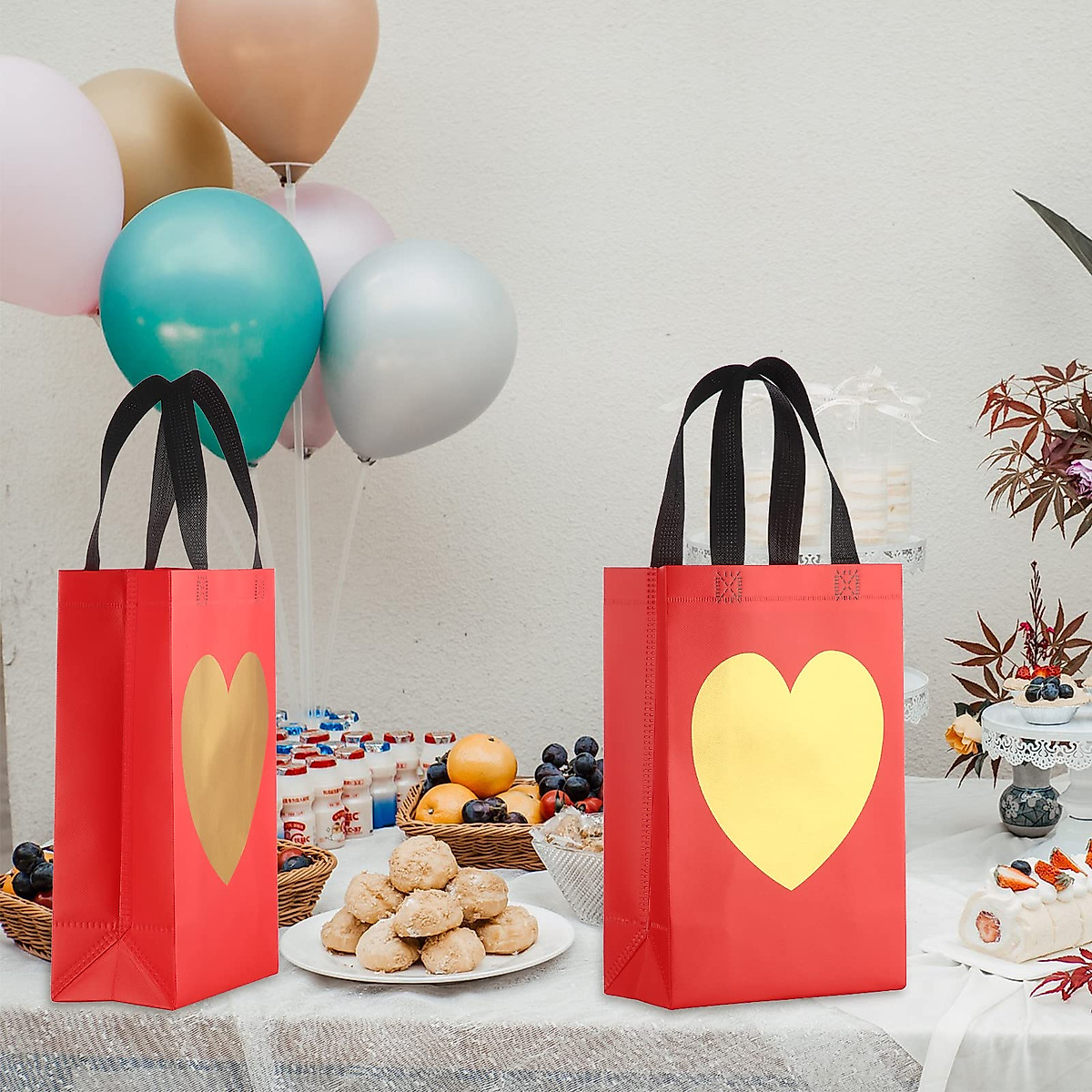 24 Pcs Valentines Day Reusable Gift Bags with Shiny Gold Heart Non Woven Gift Bags Goodie Bags 8 x 12 x 4 Inch Grocery Bags Shopping Bags for Birthday Wedding Valentines Party (Red)