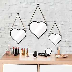 Urban Deco 3 Pieces Heart Shaped Mirror for Wall, Hanging Black Glass Mirror Sets Decoration for Bedroom Living Room Bathroom