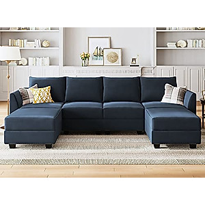 HONBAY Modular Sectional Sofa Convertible U Shaped Couch with Reversible Chaise Velvet Modular Sofa Sectional Couch with Storage Ottoman, Dark Blue