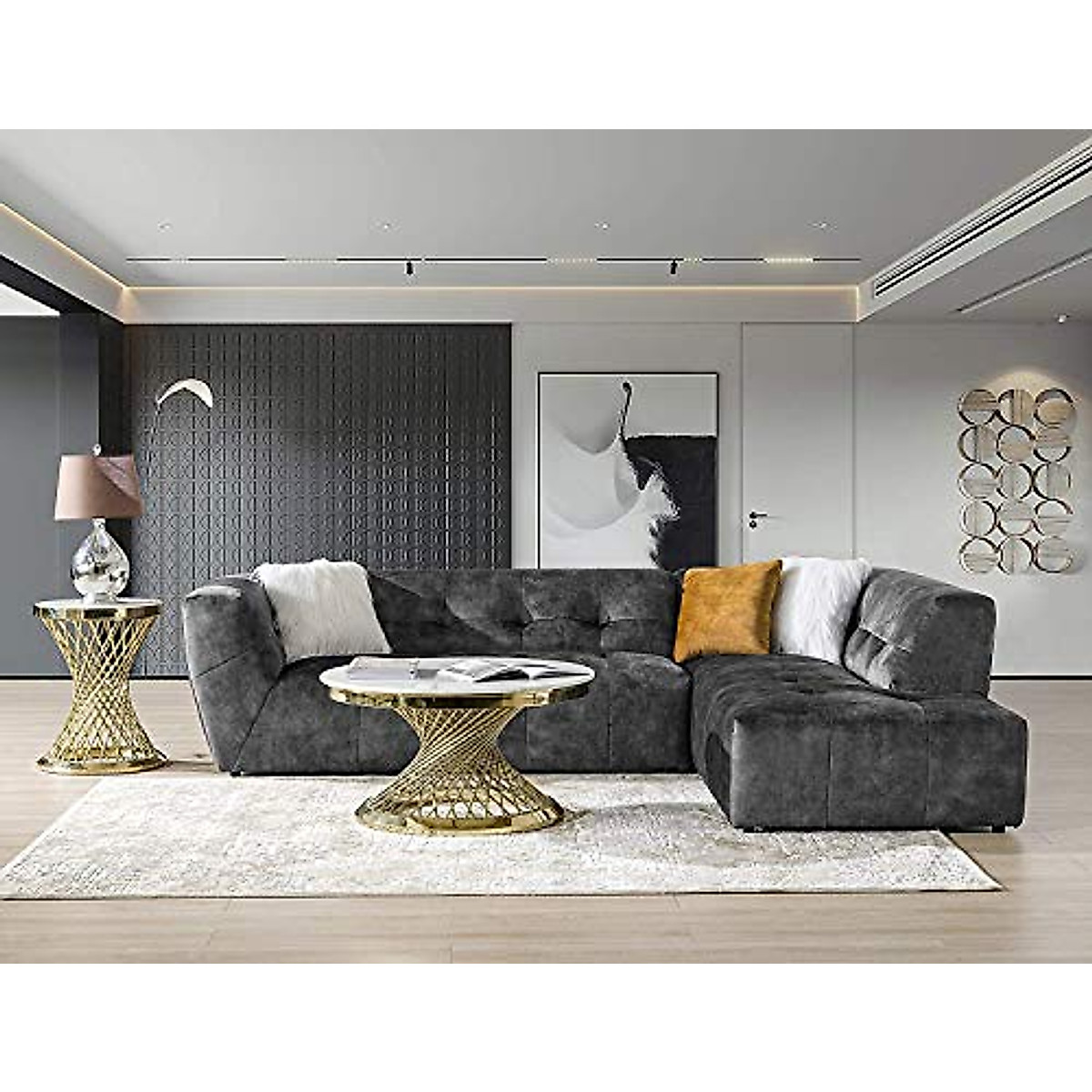 Acanva Luxury Mid-Century Velvet Tufted Low Back Sofa Set L-Shape 2-Piece Living Room Couch, 113" W Right Hand Facing Sectional, Grey
