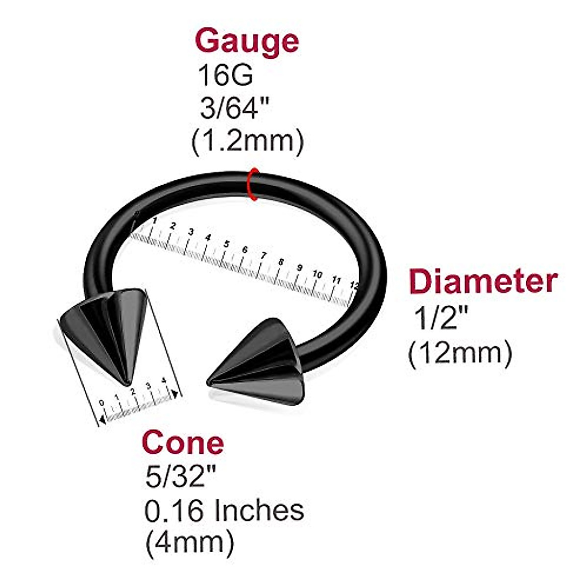 bodyjewellery 8pcs 16g Horseshoe Ring Circular Barbell Cartilage Hoop Septum Nose Lip Eyebrow Spider Bite Tragus Black Spike Ear - 12mm