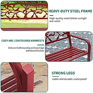 YITAHOME Outdoor Bench 50" Metal Bench Bird Pattern Patio Bench with Backrest and Armrest for Porch Lawn Balcony Backyard and Indoor Red