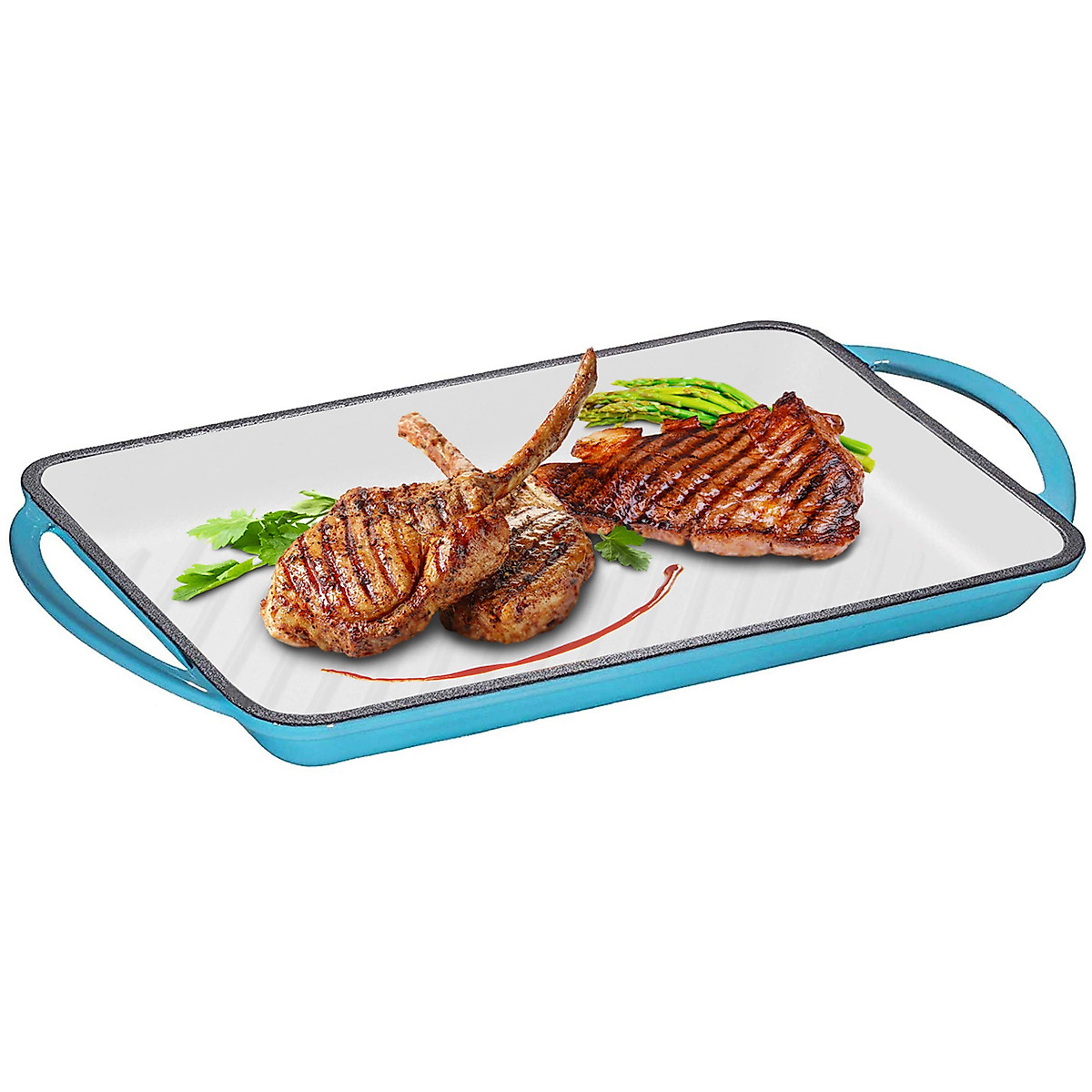 Enameled Cast-Iron Rectangular Grill Pan with Ridges, Oven Safe, Non-Stick Coating, Loop Handles, 9.5" x 13.5", Enameled Blue