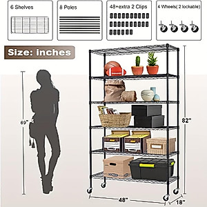 Generic 6-Tier Storage Shelves Wire Shelving with Wheels Heavy Duty Metal Shelves Tall Steel Shelving Units Adjustable 2100lbs Capacity Rolling Shelf Racks for Restaurant Garage Pantry Kitchen, Black