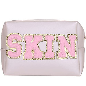 CRUOXIBB Preppy Patch Cosmetic Toiletry Bag for Women SKIN Letters PU Leather Portable Makeup Bag Zipper Pouch Storage Purse Waterproof Organizer for Travel (Shell Gold)