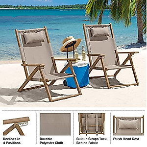 Lavish Home Set of 2 Beach Chairs - Outdoor Weather-Resistant Wood Folding Chairs with Carry Straps and Reclining Seat - Beach Essentials (Taupe)