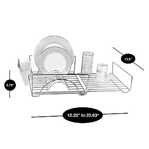 Smart Design Expandable Dish Drainer Drying Rack with Cutlery Cup - Steel Metal Wire - Fits in Standard Sinks - Dishes, Cups, Silverware Organization - Kitchen - 13.5 x 20.63 Inch Chrome