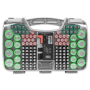 THE BATTERY ORGANISER Storage Case with Tester, Stores & Protects Up to 180 Batteries, Hinge Clear Cover with Locking Lid, Garage Gadget Organization Holds AA AAA C D and More, Gray