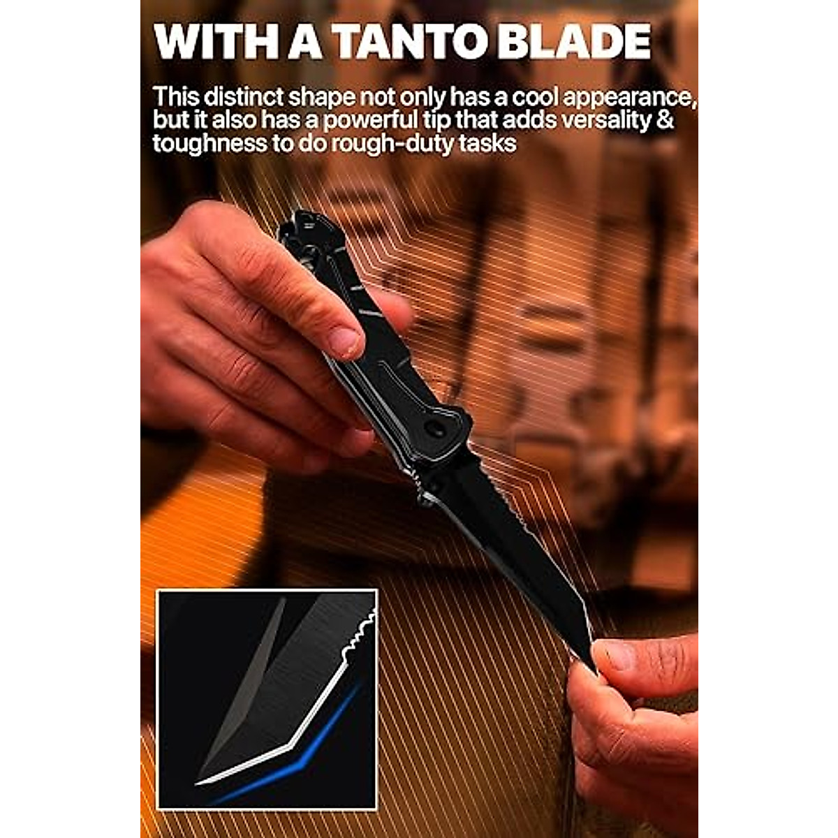 Tactical Knife for Men - 2.8 Inch Tanto Serrated Blade - Black Pocket Knife with Glass Breaker Seatbelt Cutter Pocket Clip - Cool Folding Knives for Camping Military Work - Birthday Mens Gifts 6620