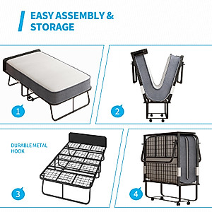 Mjkone Folding Bed with 5 inch Mattress and Headboard - 75x31 Twin Size Bed Frame - Portable Foldable Rollaway Adult Bed for Guest, Memory Foam, Space Saving Fold Up Bed for Easy Storage