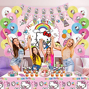 Hanjiejie 53 pcs Kitty Girls birthday party balloons, dinner plates, paper towels,banners, tablecloths,Gift bags,children's tablecloths,baby shower birthday party decorations.